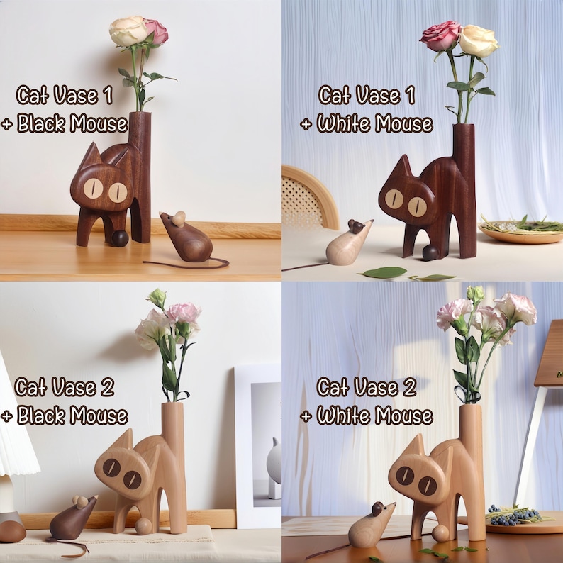 Handmade Wooden Cat Vase: Whimsical Home Decor for Cat Lovers - Cute ...