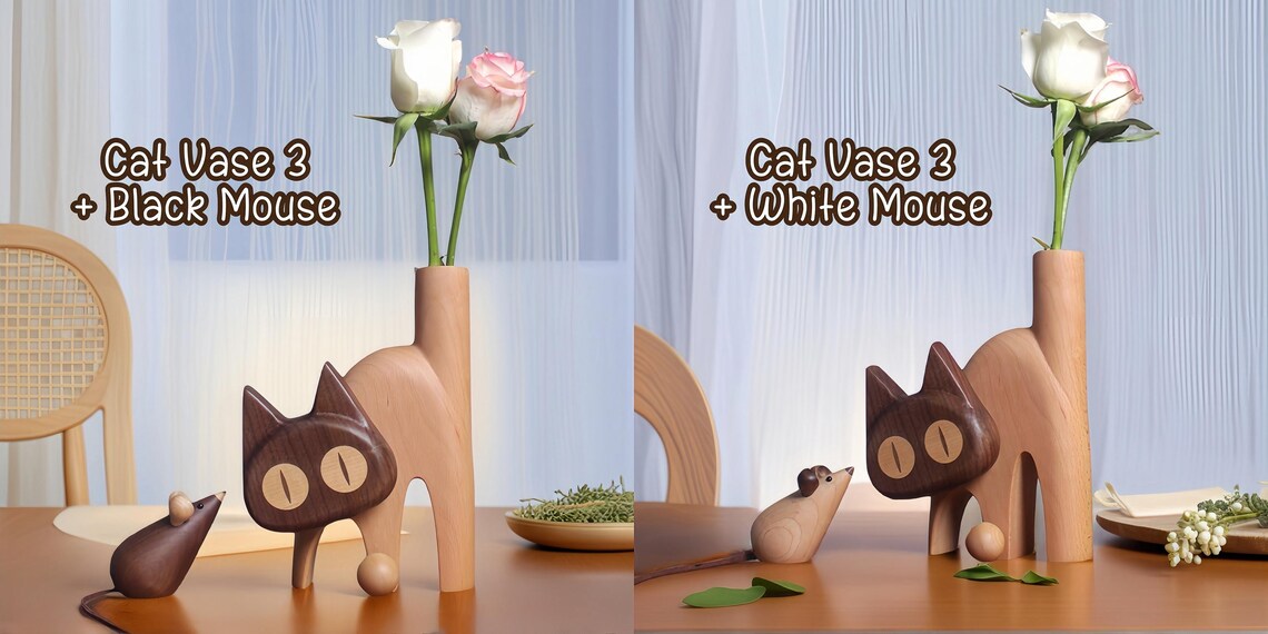 Handmade Wooden Cat Vase: Whimsical Home Decor for Cat Lovers - Cute ...