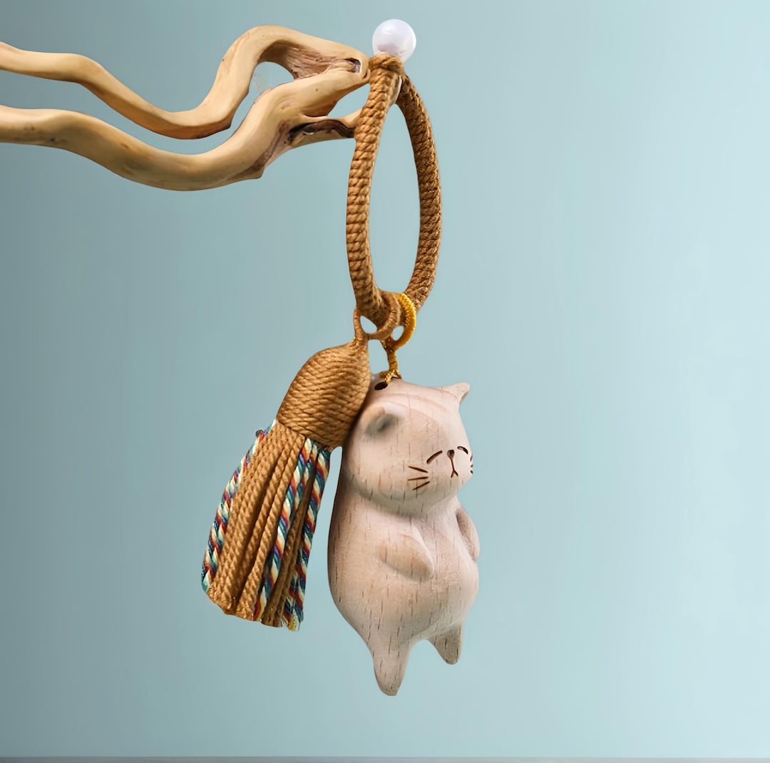 Hand Carved Wooden Cat Keychain,hand-woven Basswood Bag Charms,phone ...