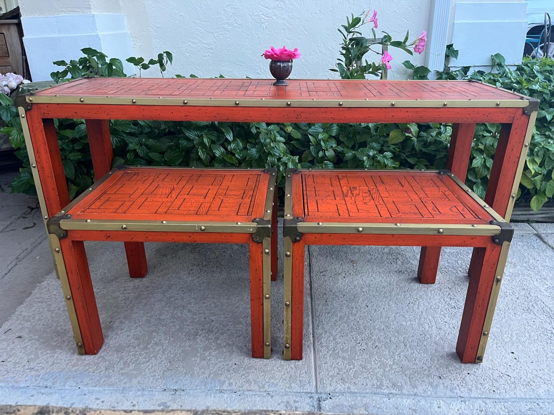 Campaign Style Orange Console Table With Brass Detail, Lacquered Sofa ...