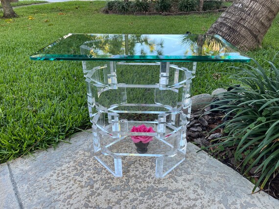 Stacked Lucite Side Table 1 Thick Lucite Table Vintage Lucite Side Table With Beveled Glass Top Palm Beach Chic Etsy