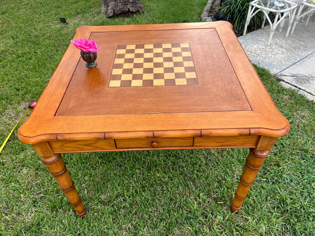 Faux Bamboo Game Table With 4 Drawers, Checkers, Chess, Backgammon ...