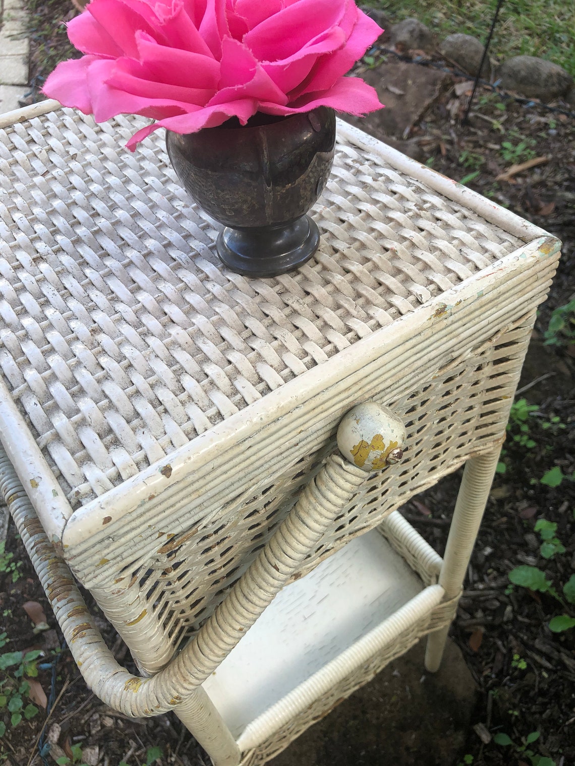 SHABBY CHIC WICKER Sewing Box Table / Chippycream Wicker Side - Etsy