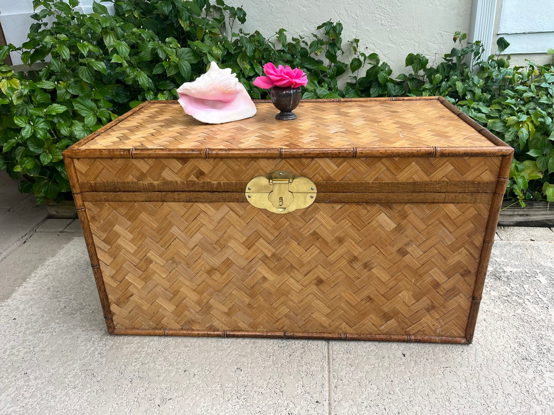 Bamboo Rattan Herringbone Trunk, Vintage Rattan Coffee Table Chest With ...