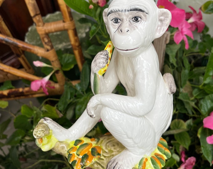 Ceramic Monkey Sitting on BANANAS, Vintage Monkey Statue Hand Painted, Chinoiserie Monkey Decor ...
