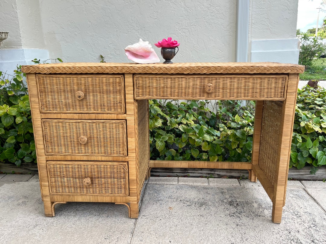 Vintage Rattan Desk With Braided Edge, Wicker Writing Desk 4 Drawers ...