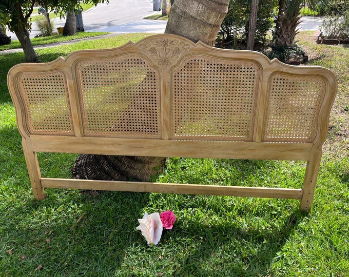 French Provincial Cane King Headboard, French Country Carved Hickory ...