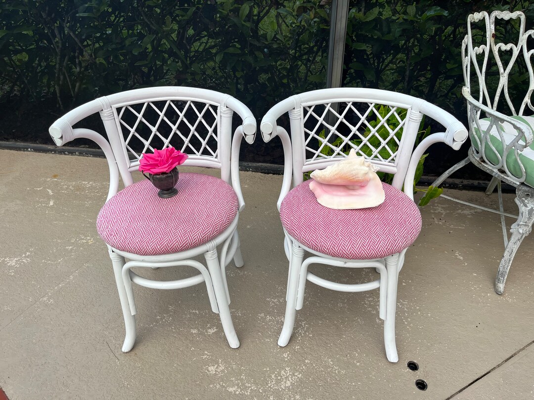 ON HOLD PAIR of Bamboo Rattan Bistro Chairs Painted White With Pink ...
