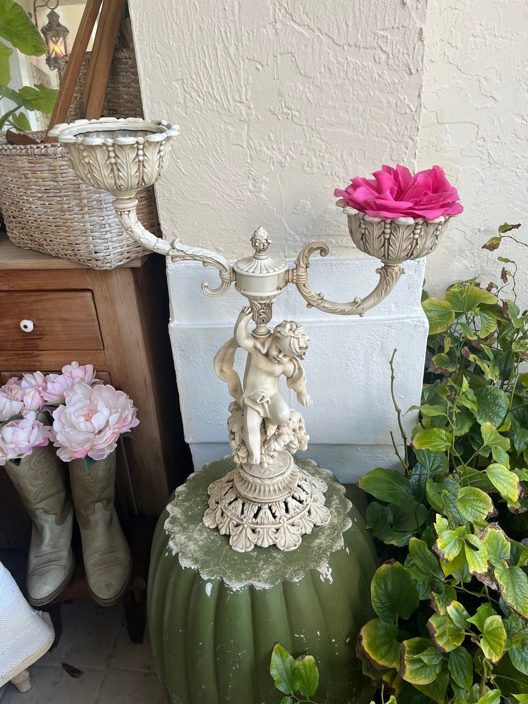 Vintage Cherub Plant Stand With 2 Swivel Arms, Cast Iron Metal Cherub ...