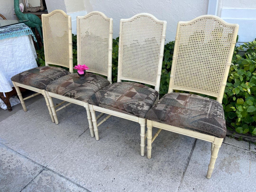 4 FAUX BAMBOO CANE Dining Chairs Made by Dixie Chinoiserie Faux Bamboo ...