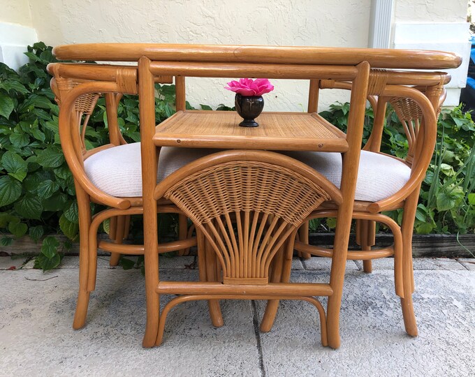 VINTAGE RATTAN DINETTE Set/ Bistro Table /nesting Table 2 Chairs ...