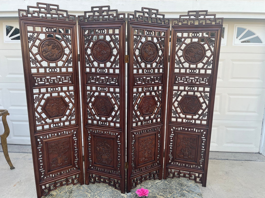 Greek Key Pagoda Room Divider Panels, 4 Teak Greek Key Asian Panels ...