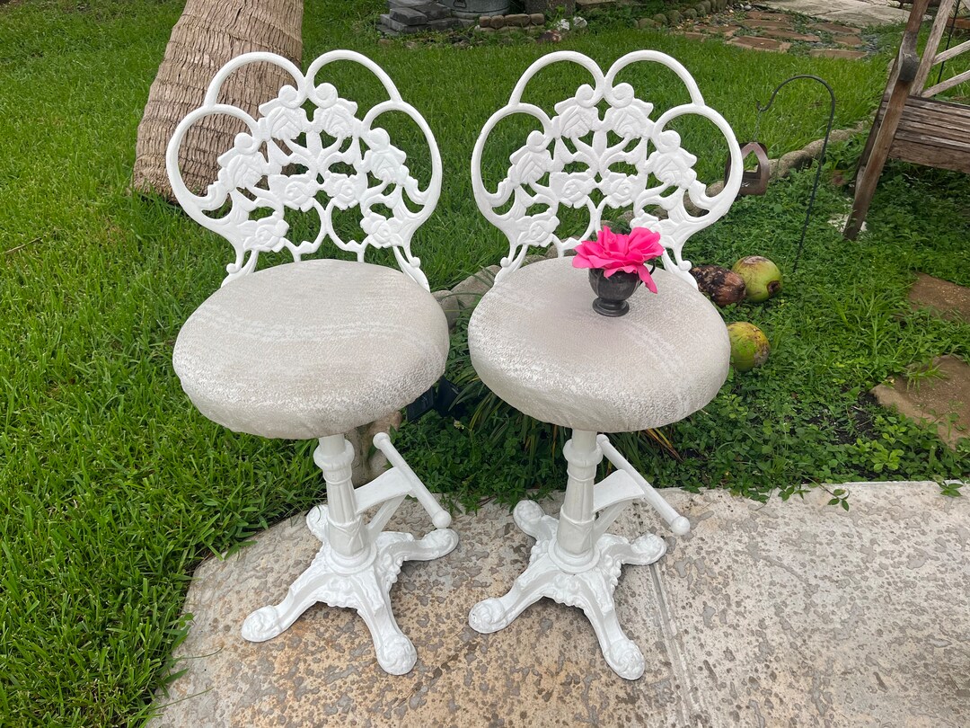 PAIR Shabby Chic Wrought Iron Swivel Counter Bar Stools, Pair of French ...
