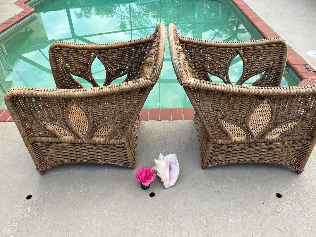 PAIR of Rattan Lounge Chairs With Floral Cutout on Sides, Vintage ...