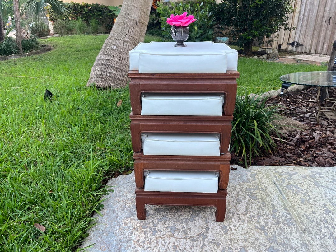 4 Mid Century Modern Stacking Ottomans, Asian Style Wood & Vinyl ...