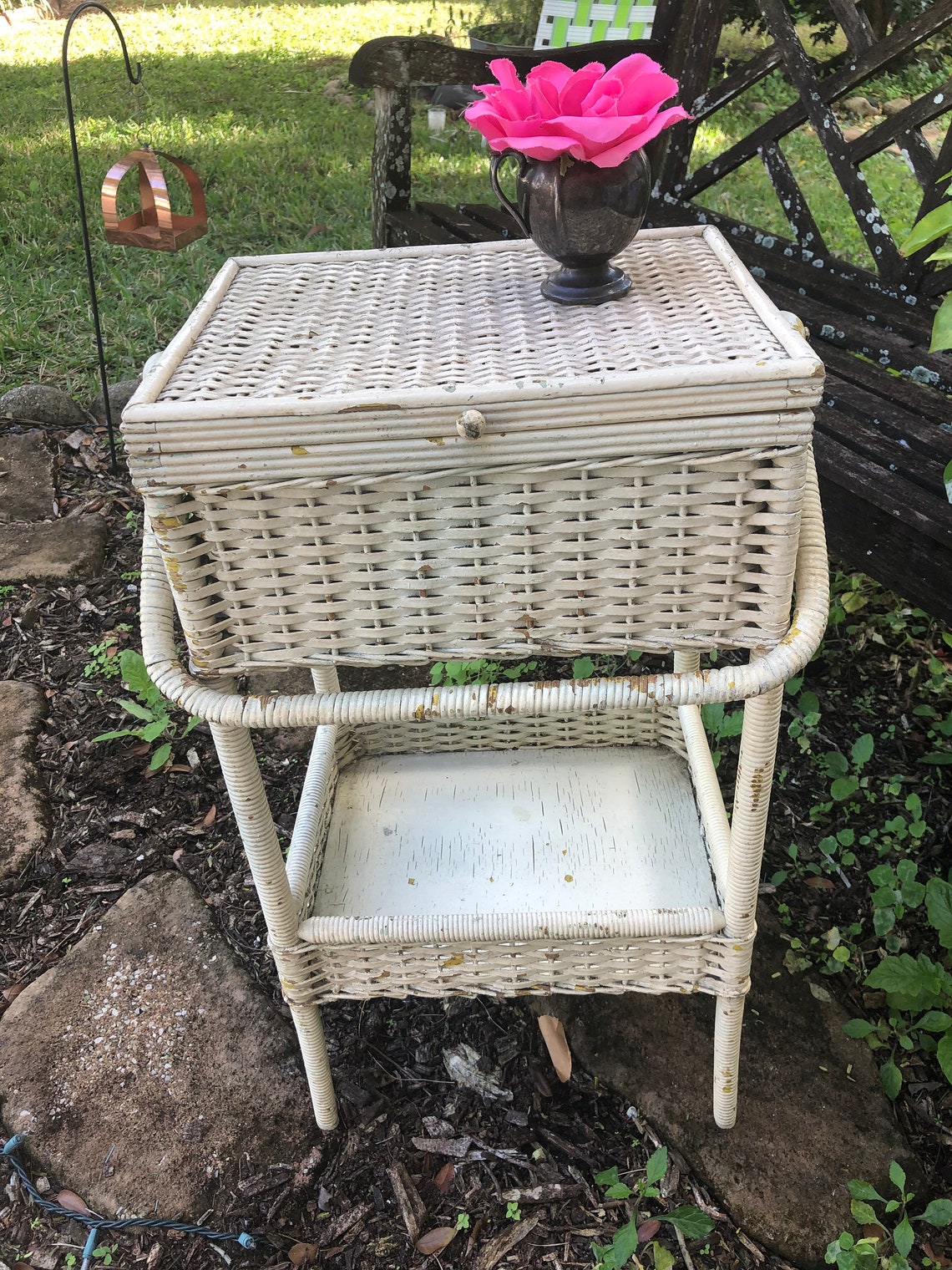 SHABBY CHIC WICKER Sewing Box Table / Chippycream Wicker Side | Etsy