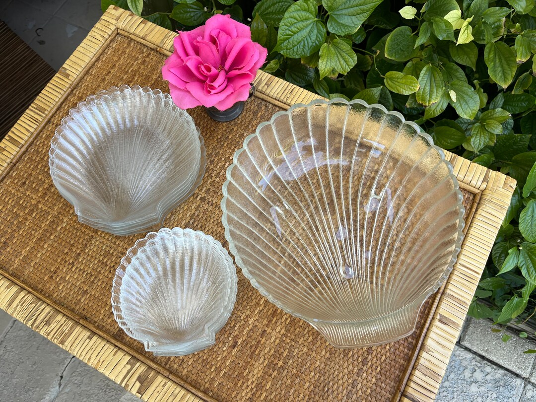 Set of 12 Glass Clam Plates and Large Glass Clam Shell Bowl, 6 Medium ...