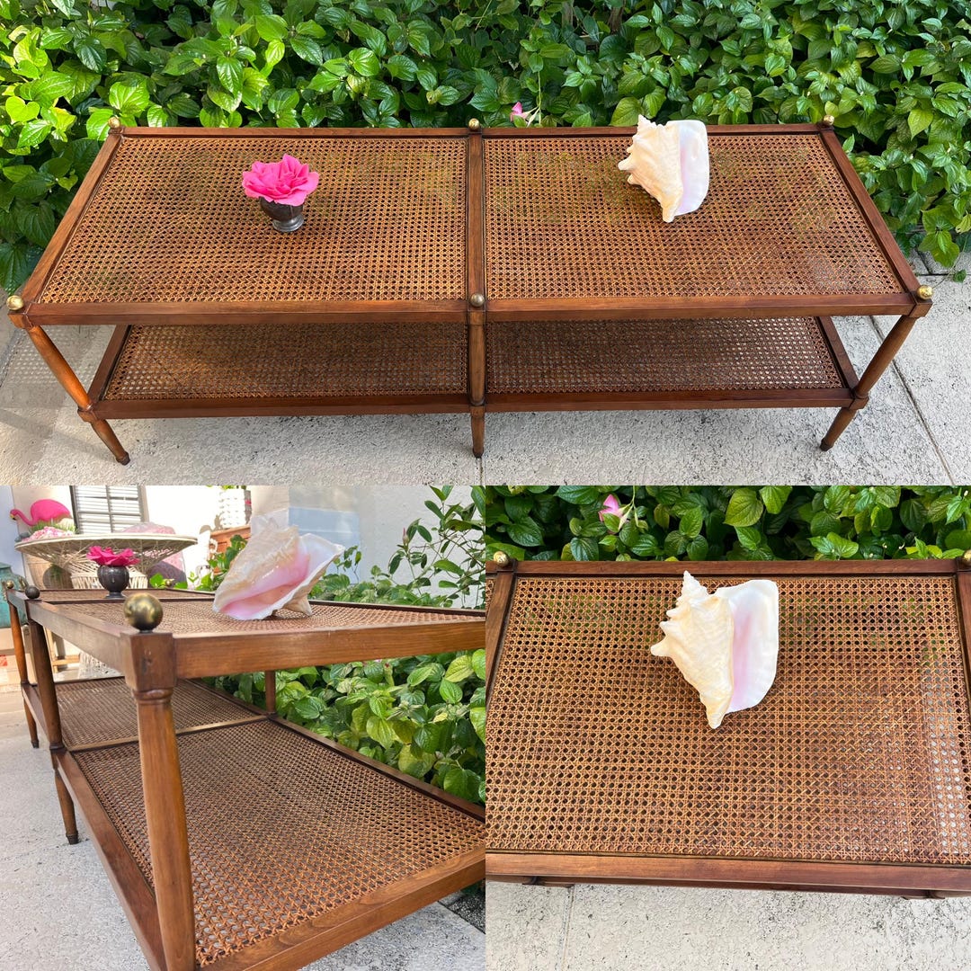 Vintage Cane Coffee Table, 2 Tier Cane and Wood Coffee Table With Inset ...