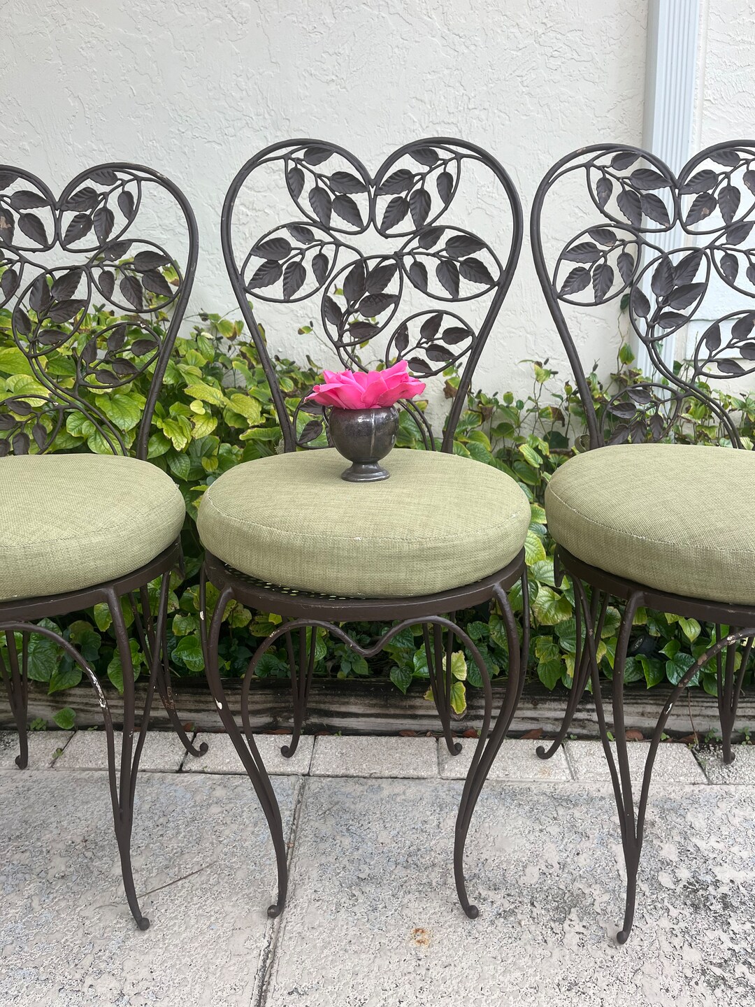4 Vintage Salterini Style Metal Chairs, Leaf Back Heart Shape Chairs ...