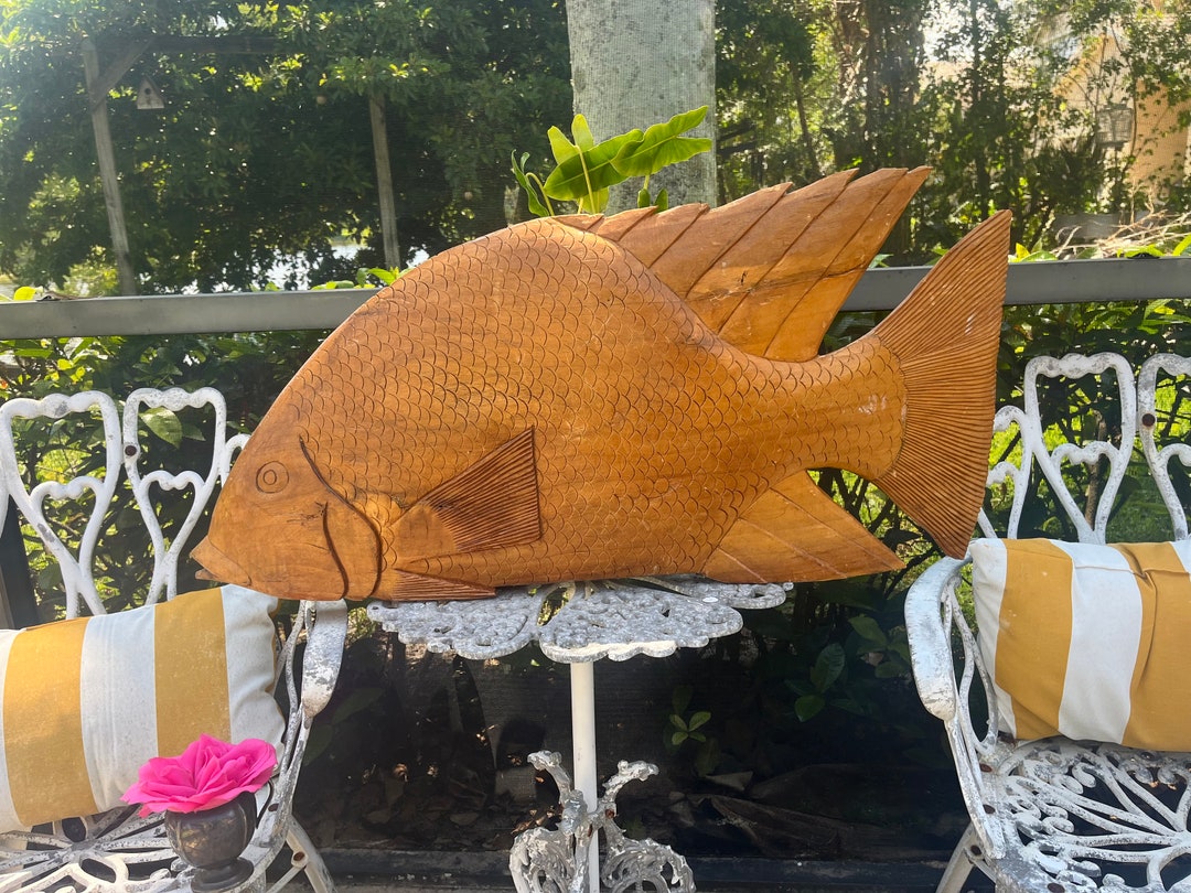Large Carved Wooden Fish, Hand Carved Fish Island Style Decor Coastal ...
