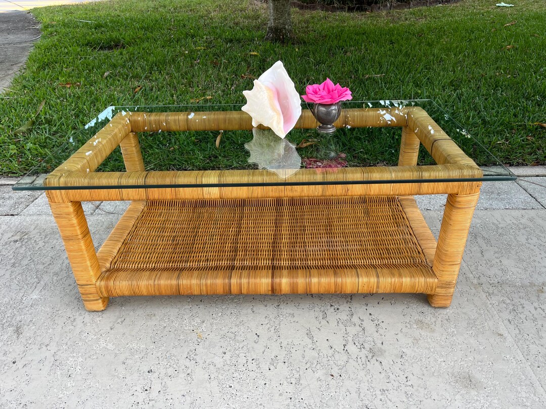 Vintage Wrapped Rattan Rectangular Coffee Table With Glass, Wicker ...