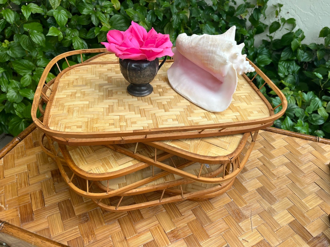 6 Vintage Boho Woven Rattan Trays, Bamboo Rattan Tv Trays, Rattan ...