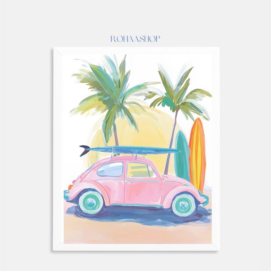 Pink Vintage Surf Car Art Print | Retro Beach Vibes | VW Bug Wall Decor ...