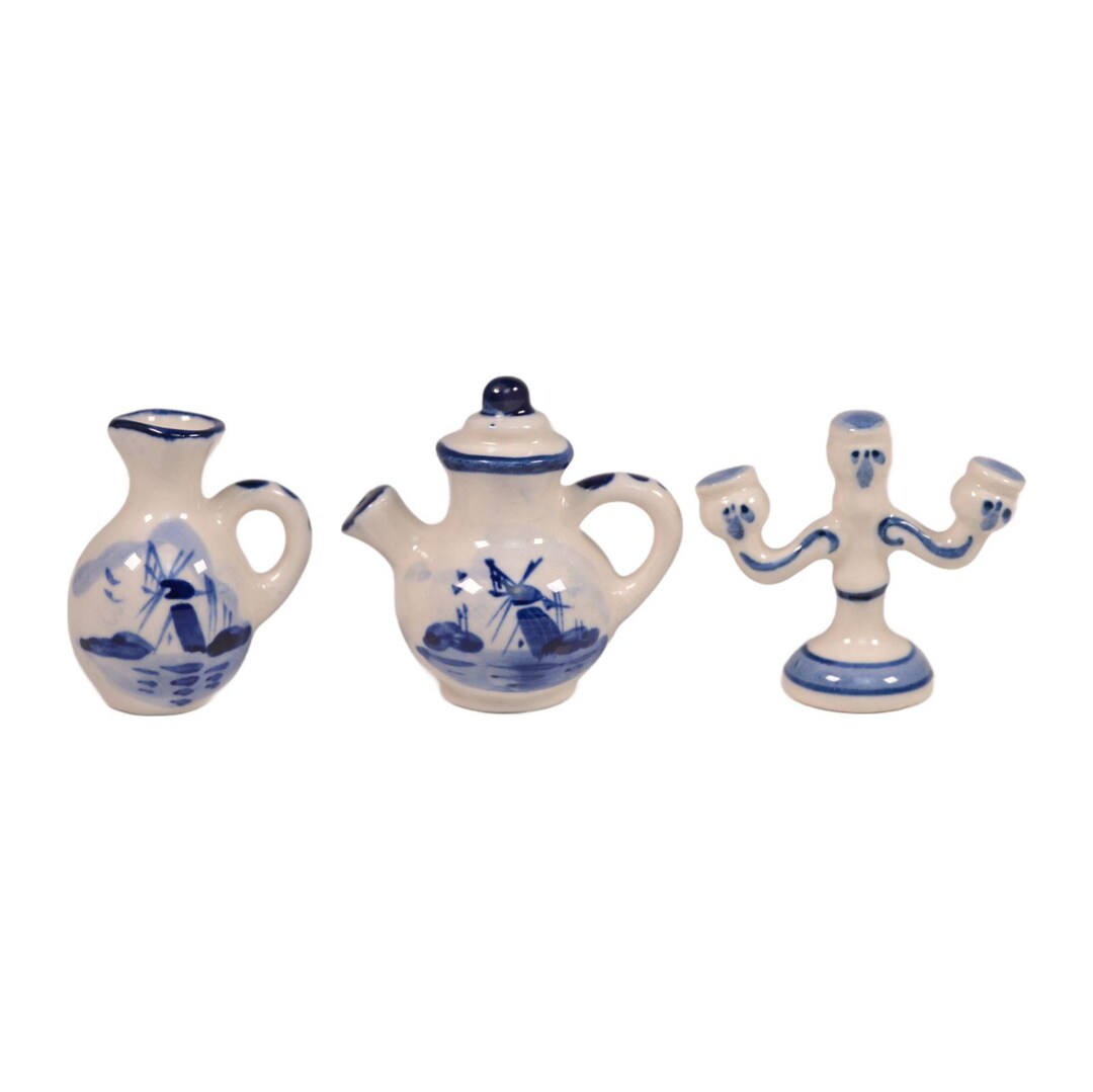 Vintage Delft Blue Miniature Porcelain Teapot Jug Candlestick Dollhouse ...