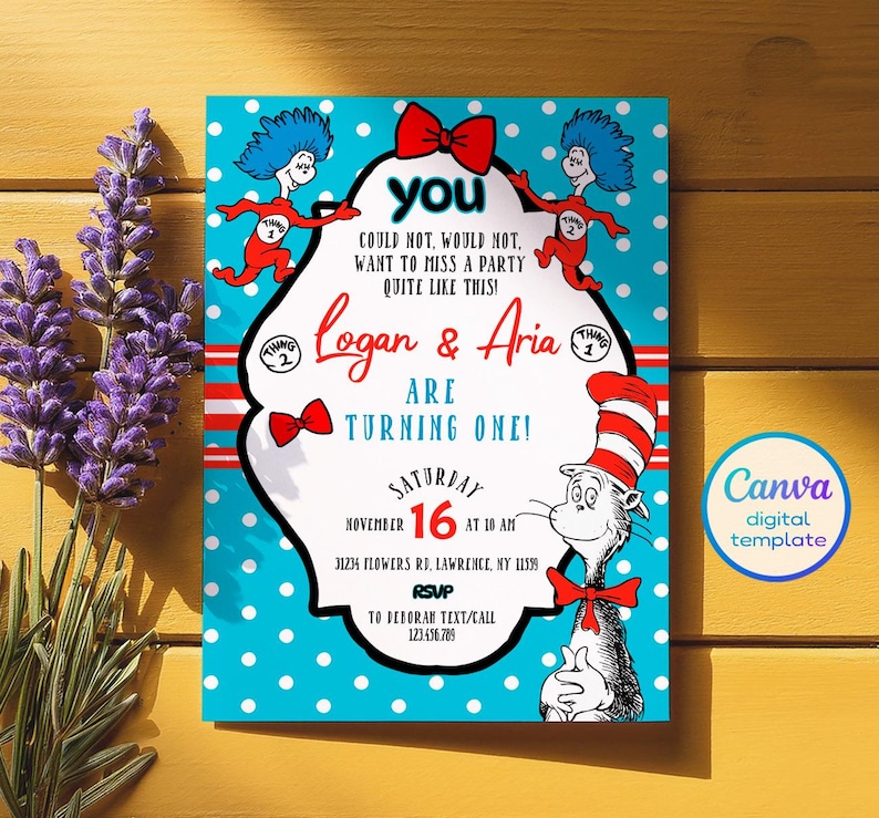 Dr Seuss Birthday Invitation, Printable Fairytale Invite, Editable Cat ...