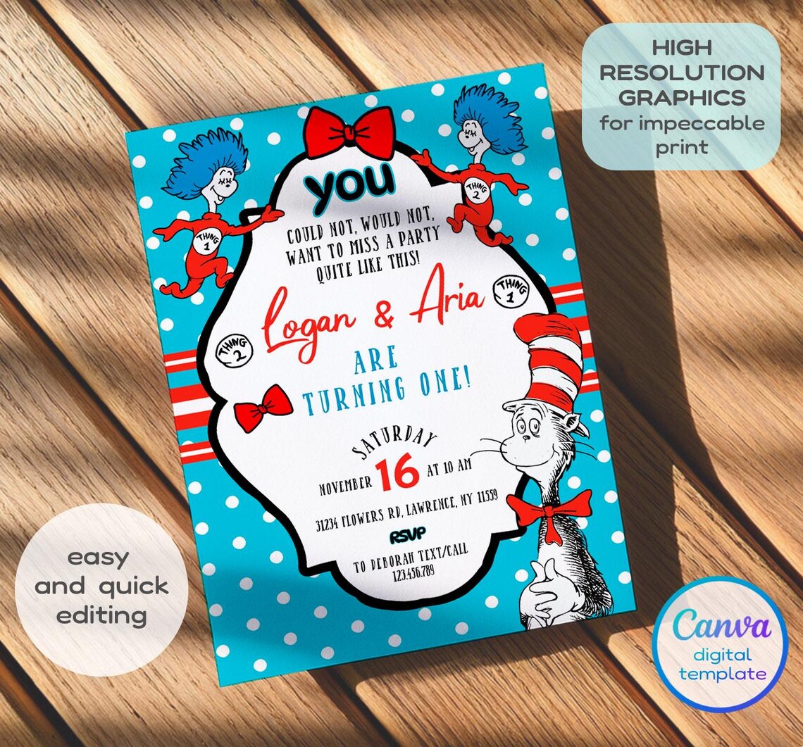 Dr Seuss Birthday Invitation, Printable Fairytale Invite, Editable Cat ...