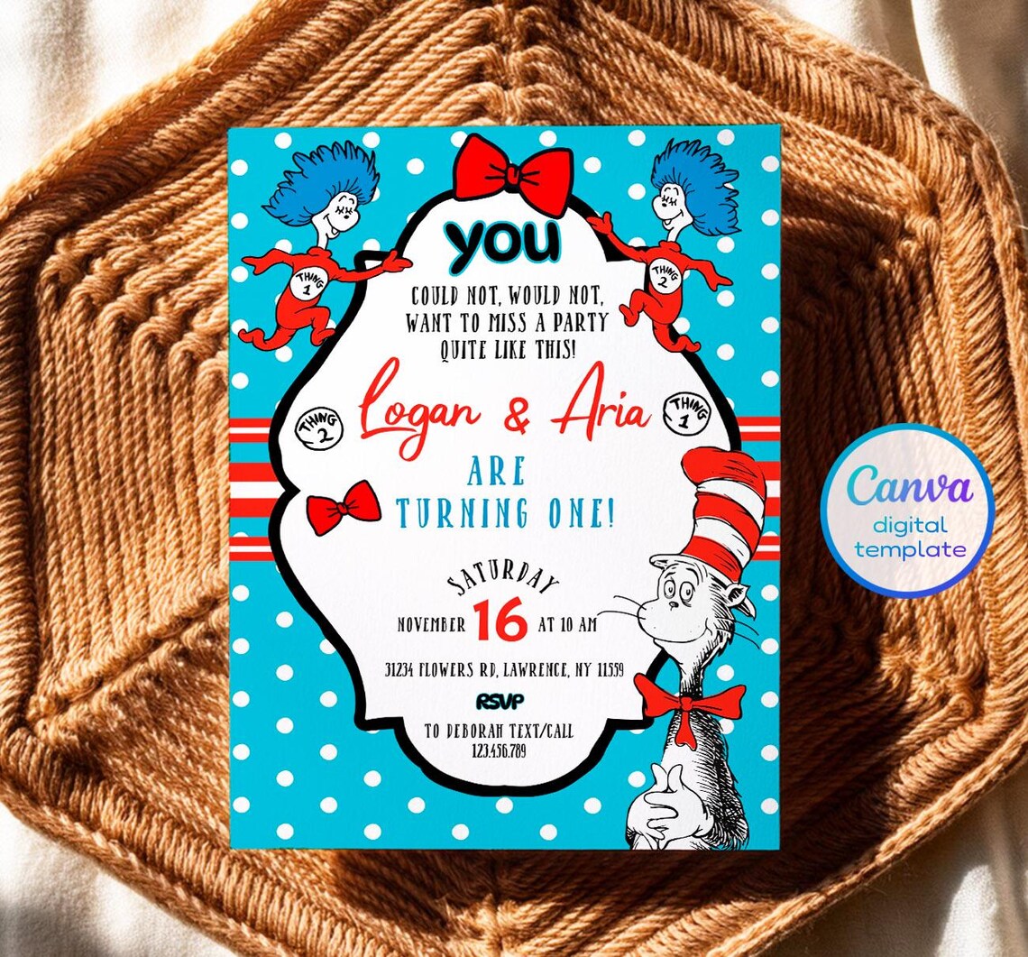 Dr Seuss Birthday Invitation, Printable Fairytale Invite, Editable Cat ...