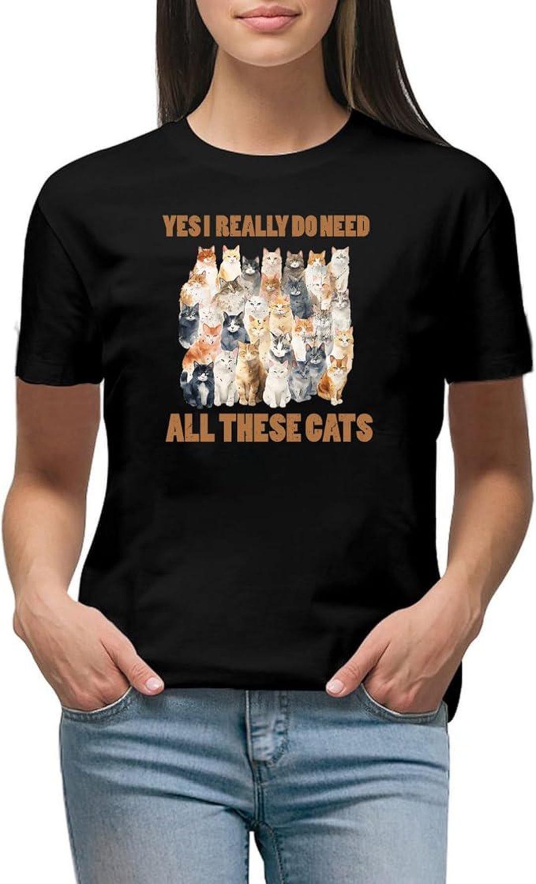Women's Graphic Tees– 100% Cotton Adorable Cat Graphic Tees Crew Neck ...