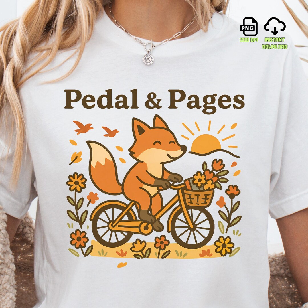 Pedal & Pages Fox PNG – Cute Fox on Bike With Flowers and Books ...