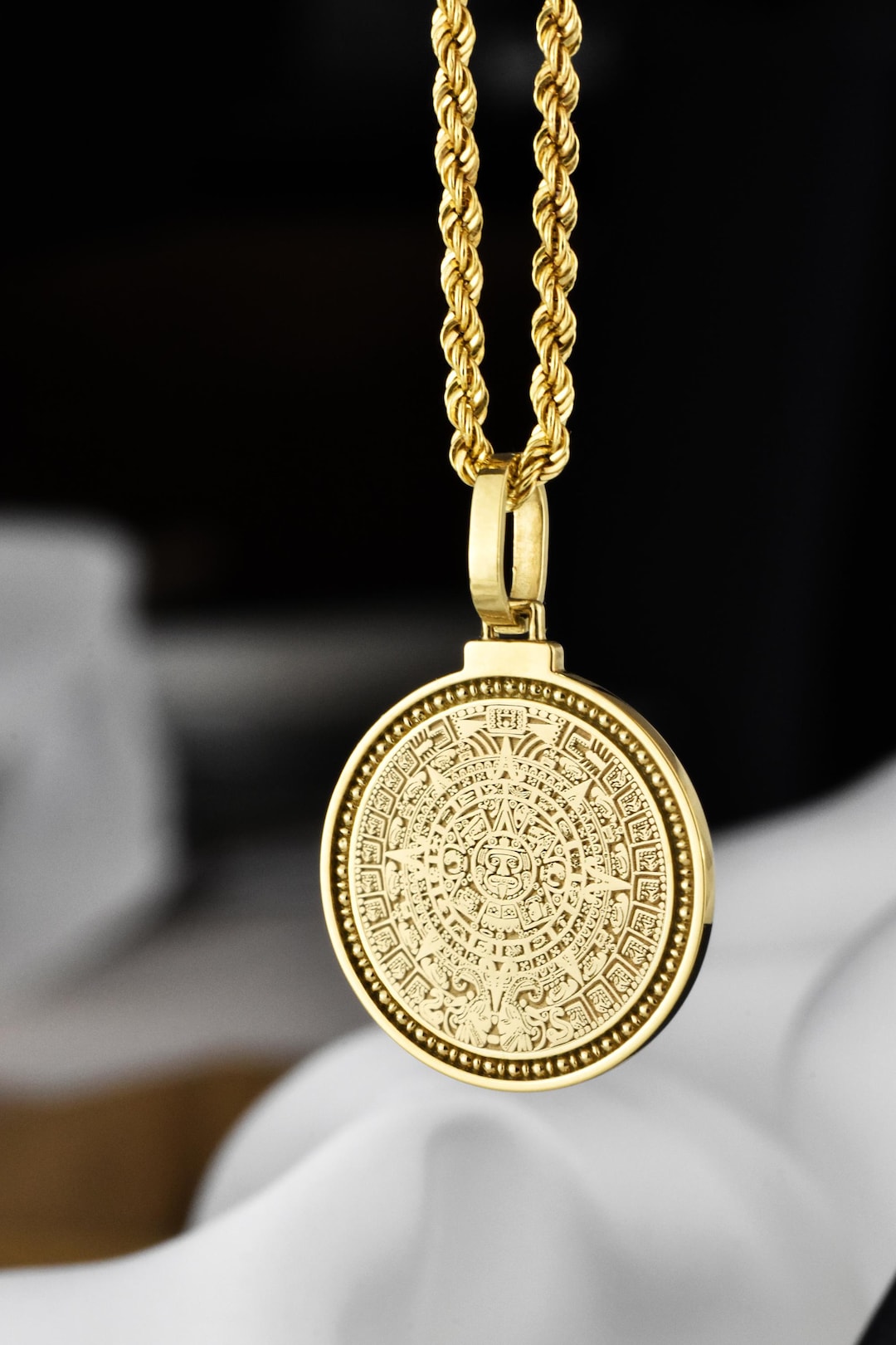 14K Solid Gold Aztec Calendar Necklace: Mayan Sun Stone Pendant - Etsy