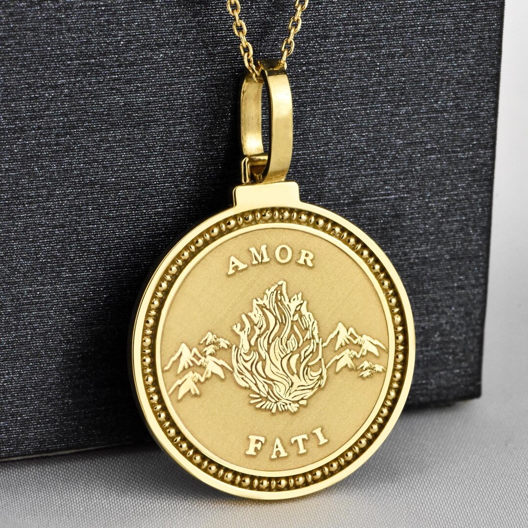 14K Solid Gold Amor Fati Medallion Necklace, Stoic Jewelry ...