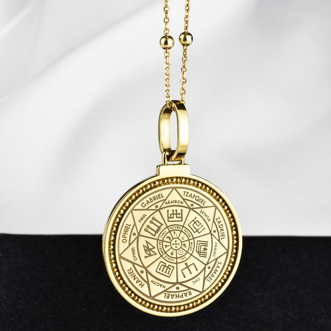 14K Gold Seal of 7 Archangels Necklace, Holy Archangels Medallion ...
