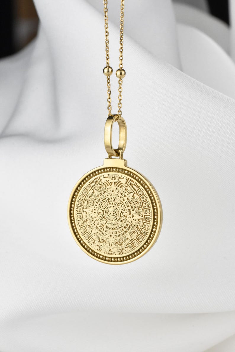14K Solid Gold Aztec Calendar Necklace: Mayan Sun Stone Pendant - Etsy
