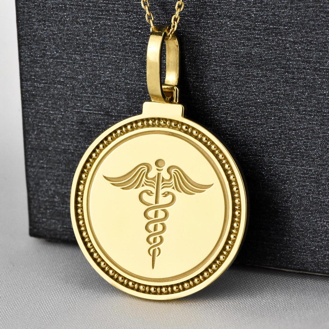 14K Solid Gold Caduceus Necklace, Medical Symbol Pendant for Doctors ...