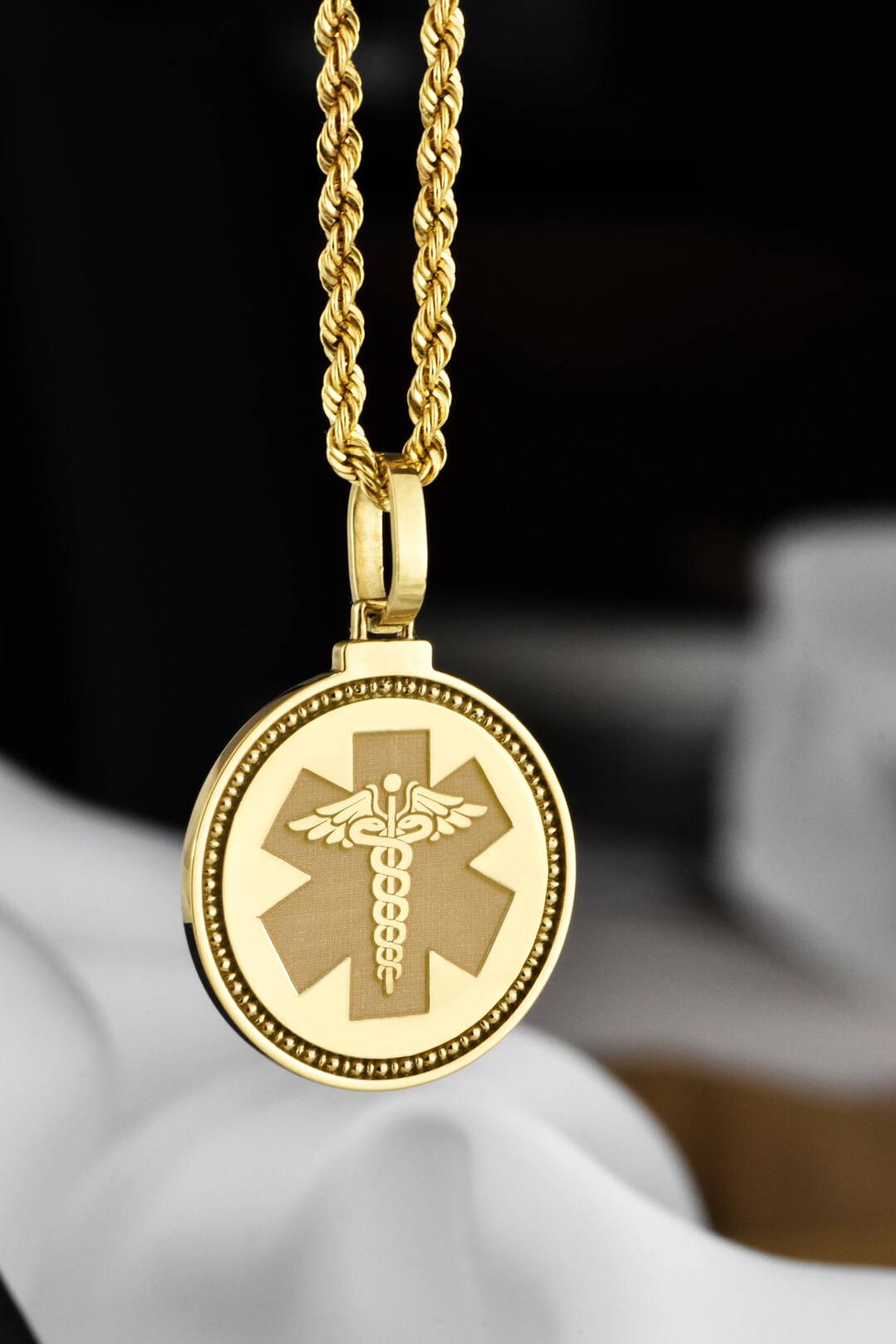 14K Solid Gold Medic Medallion Necklace: Personalized Medical ID Charm ...