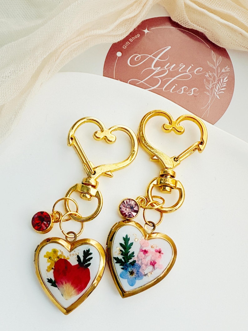 Personalized Birth Flower Heart Locket Keychain Birthstone Custom Photo ...
