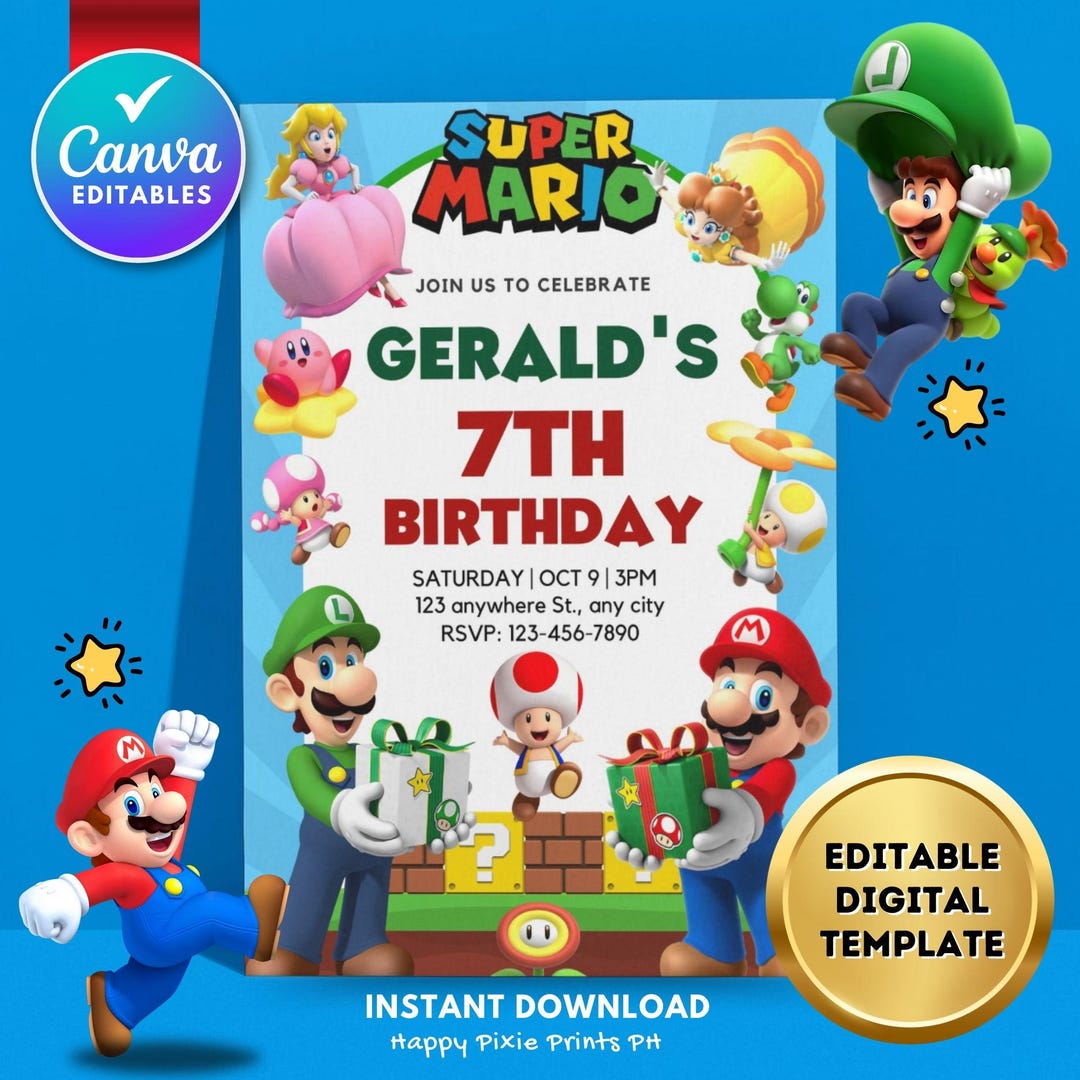 Editable Nintendo Super Mario Birthday Invitation | Boys Girls Kids ...