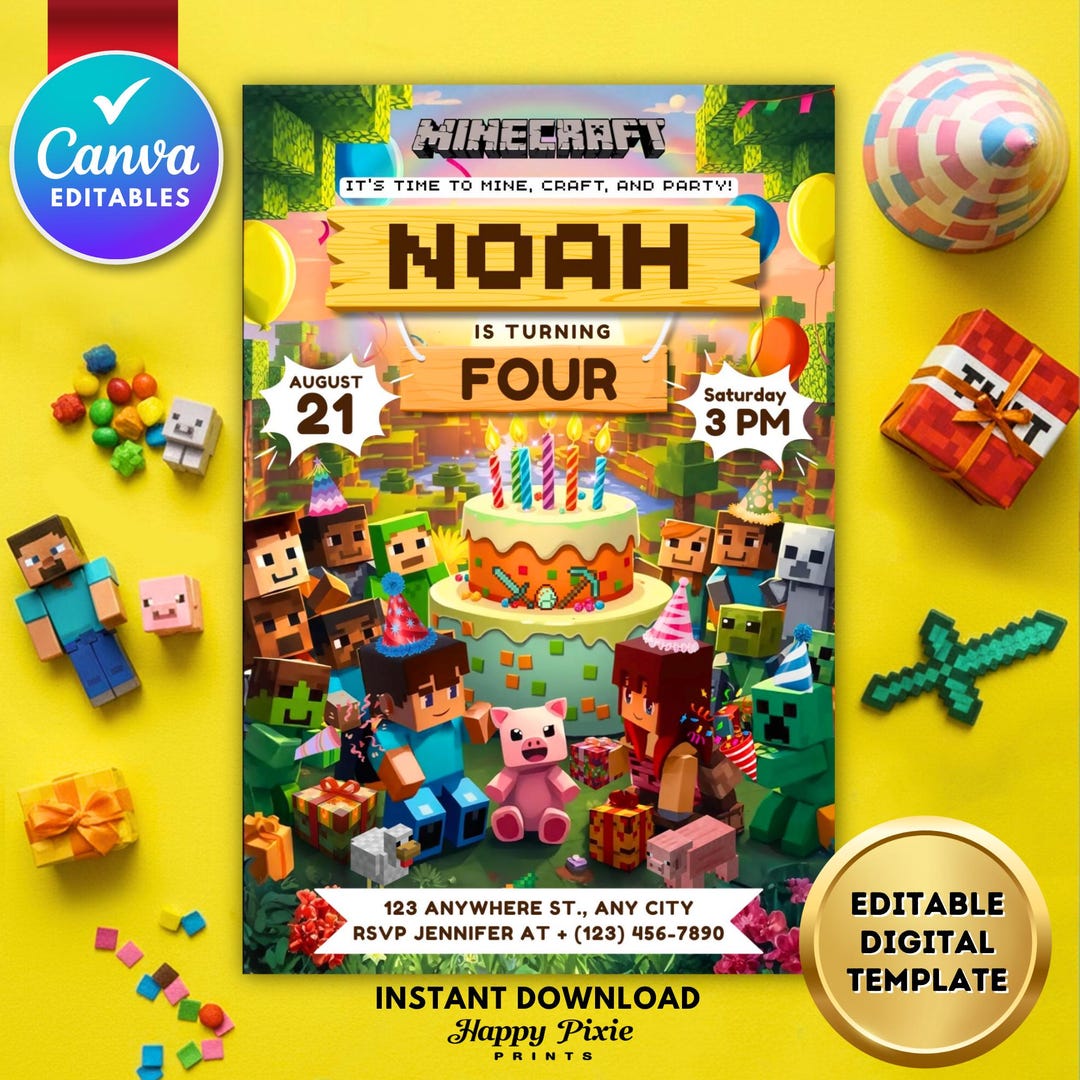 Minecraft Birthday Invitation Template, Gamer Party Card, Editable ...