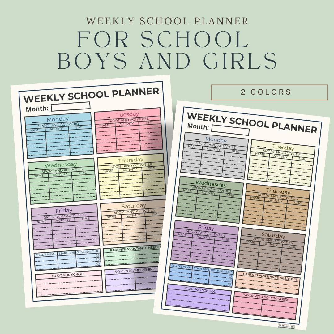 Weekly School Planner Printable A4 Student Schedule Tracker Academic ...