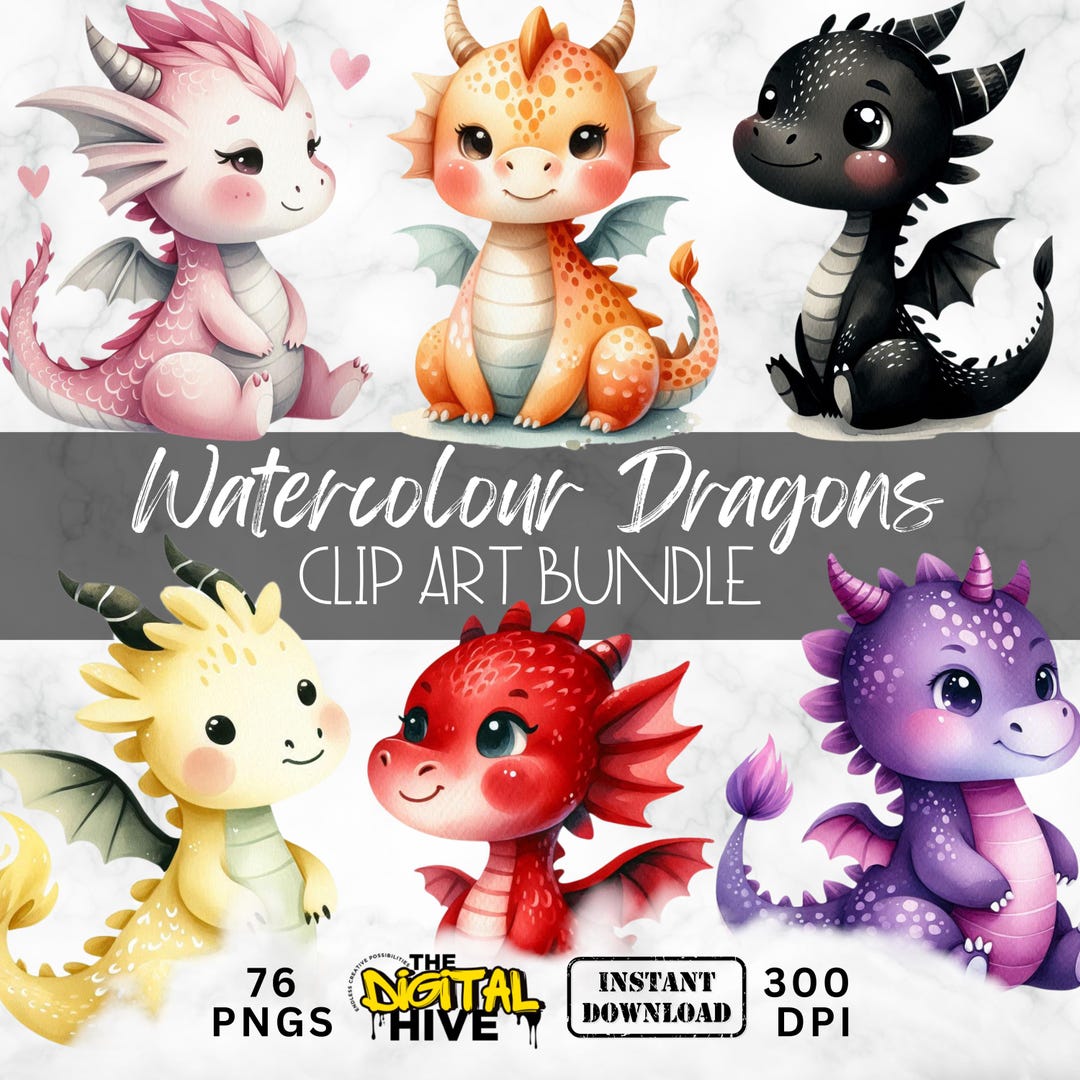 Baby Dragon Clipart Bundle, Watercolor Pngs, Cute Fantasy Dragon Art ...