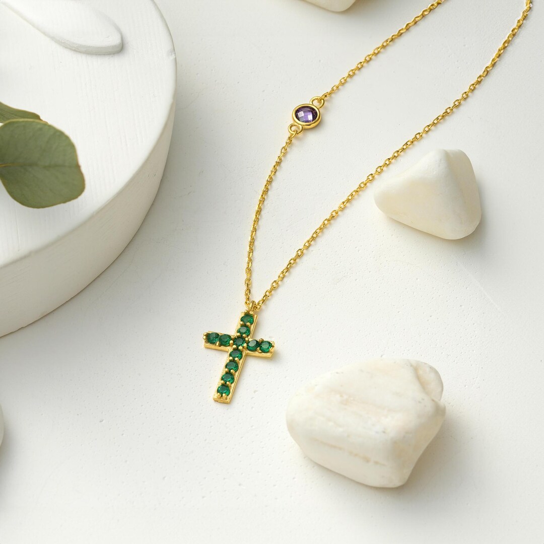 Birthstones Cross Necklace, Gold Emerald Cross Necklace, Gift for Her ...