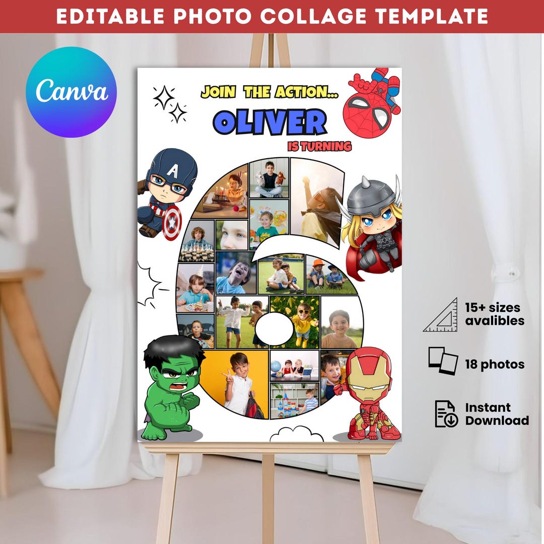 Mini Avengers 6th Birthday Photo Collage Sign: Superhero Party Decor ...