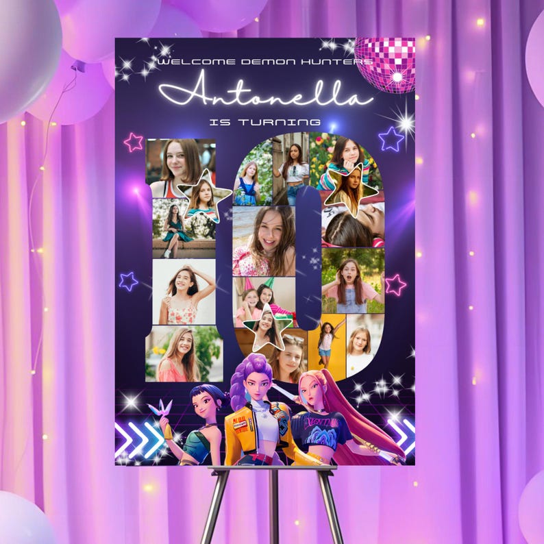 Kpop Demon Hunters 10th Birthday Sign. Editable Photo Collage ...