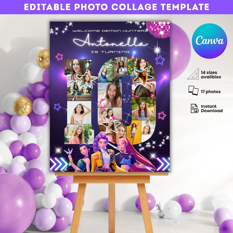 Kpop Demon Hunters 10th Birthday Sign. Editable Photo Collage ...