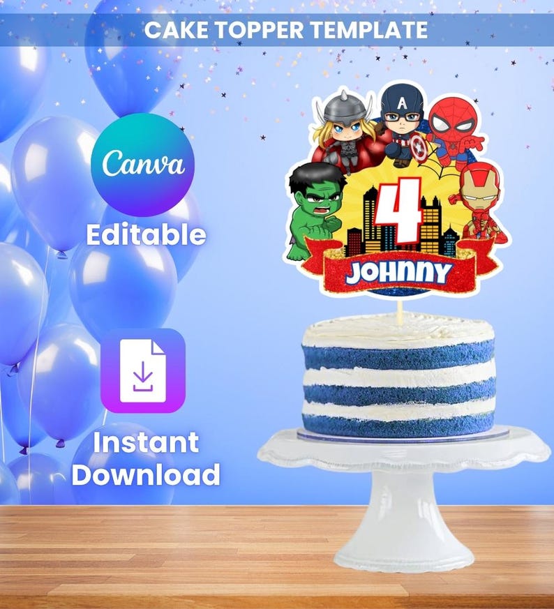 Superheroes Birthday Cake Topper + Cupcake Toppers: Editable Birthday ...