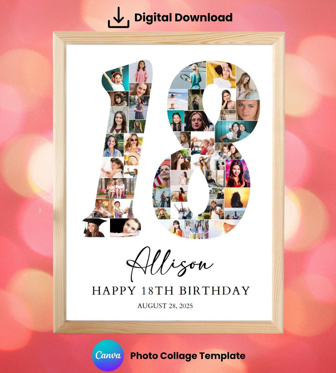 Birthday 18 Photo Collage Template, Birthday Gift, 18 Birthday Party ...